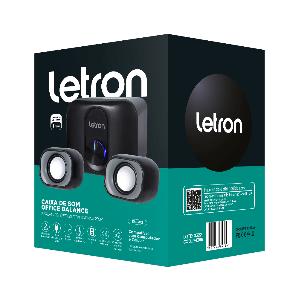 CAIXA DE SOM OFFICE BALANCE ESTEREO SUBWOOFER 5W USB P2 LETRON