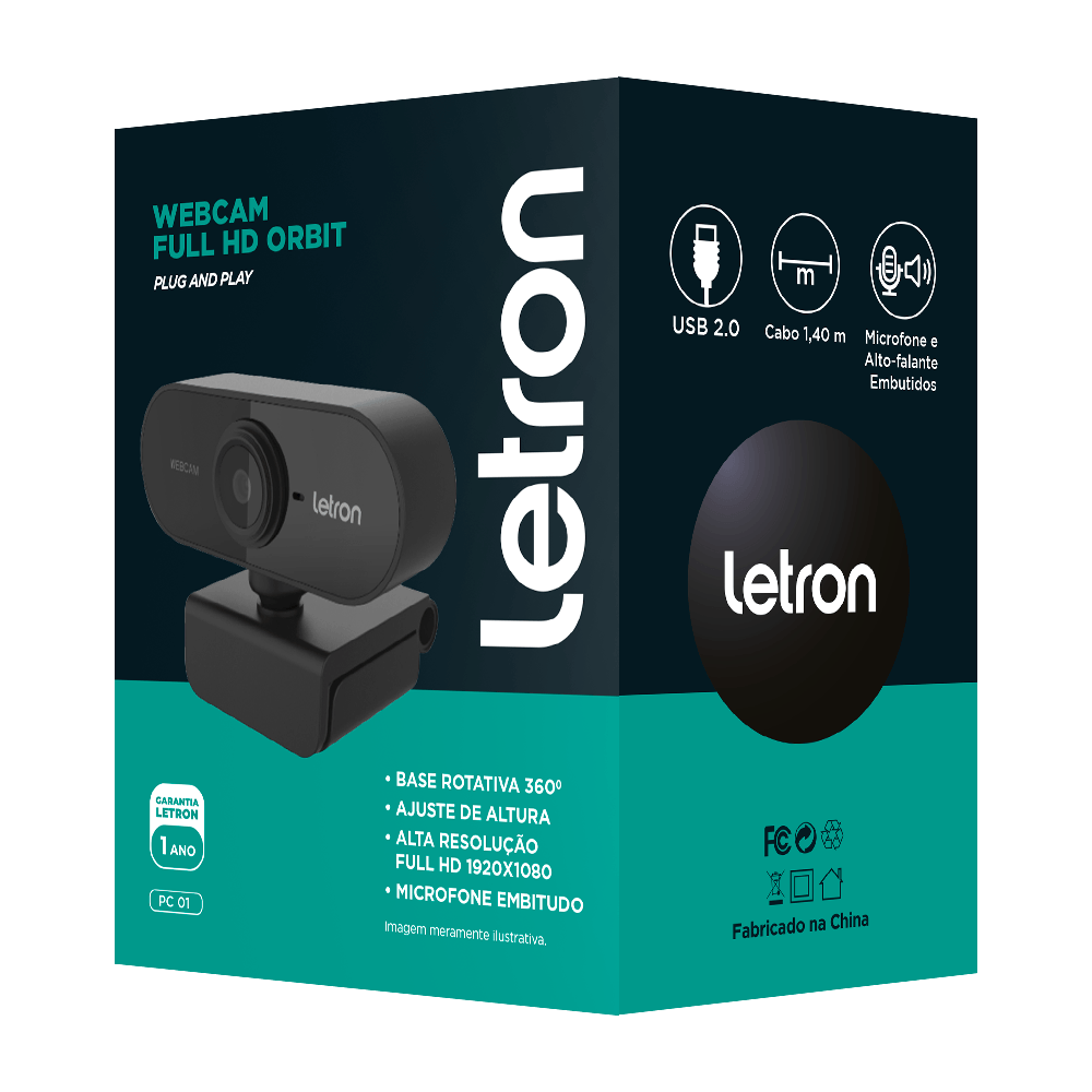 WEBCAM FULL HD ORBIT BASE GIRATORIA 360 MICROFONE E ALTO FALANTE LETRON